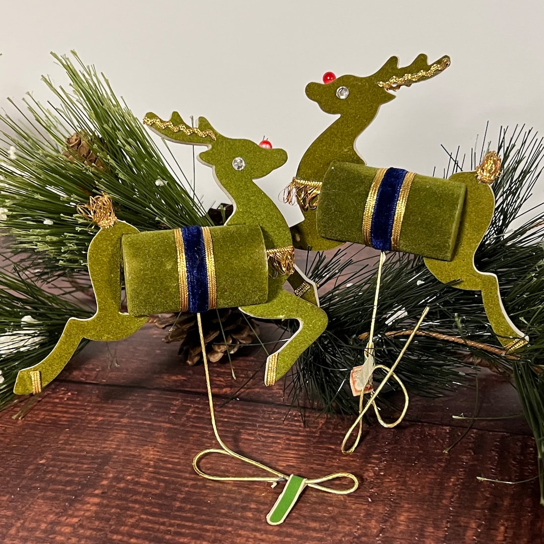 Vintage Flocked Reindeer, Reindeer Pick, Christmas Ornament, Pair of ...