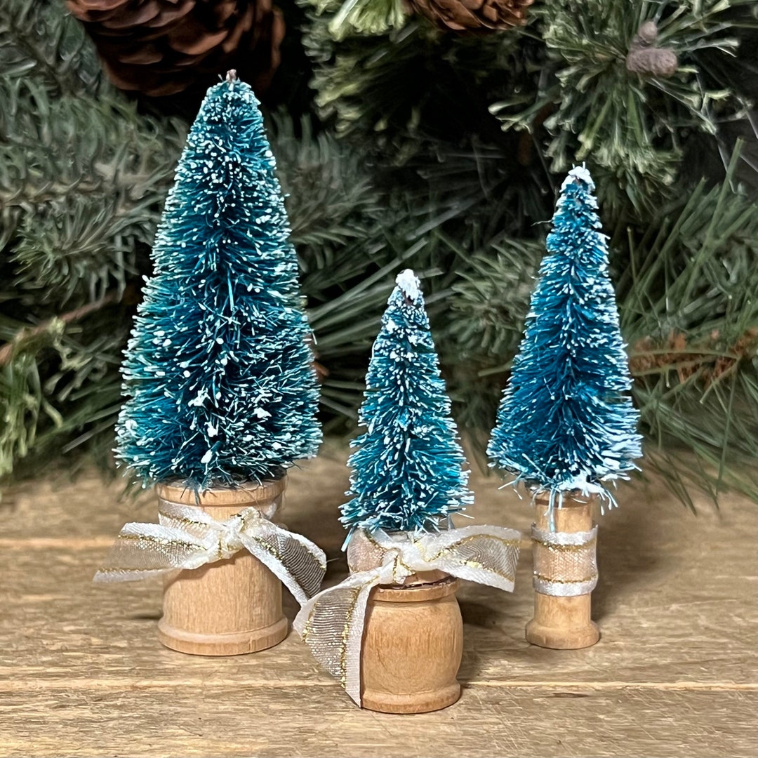 Set of Mini Bottle Brush Trees on Vintage Wooden Spools, Vintage ...