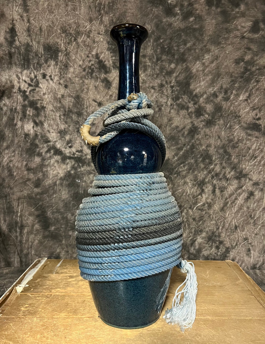 Lariat Rope Wrapped Pottery Vase, Blue Pottery Vase, Western Vase ...