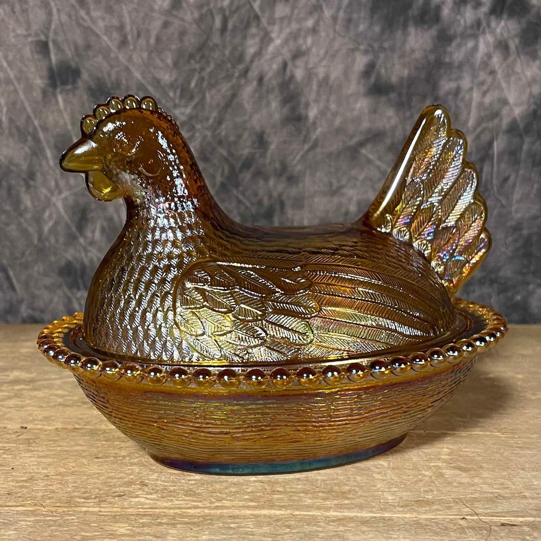 Vintage Indiana Glass Iridescent Hen on Nest, Marigold Carnival Glass ...