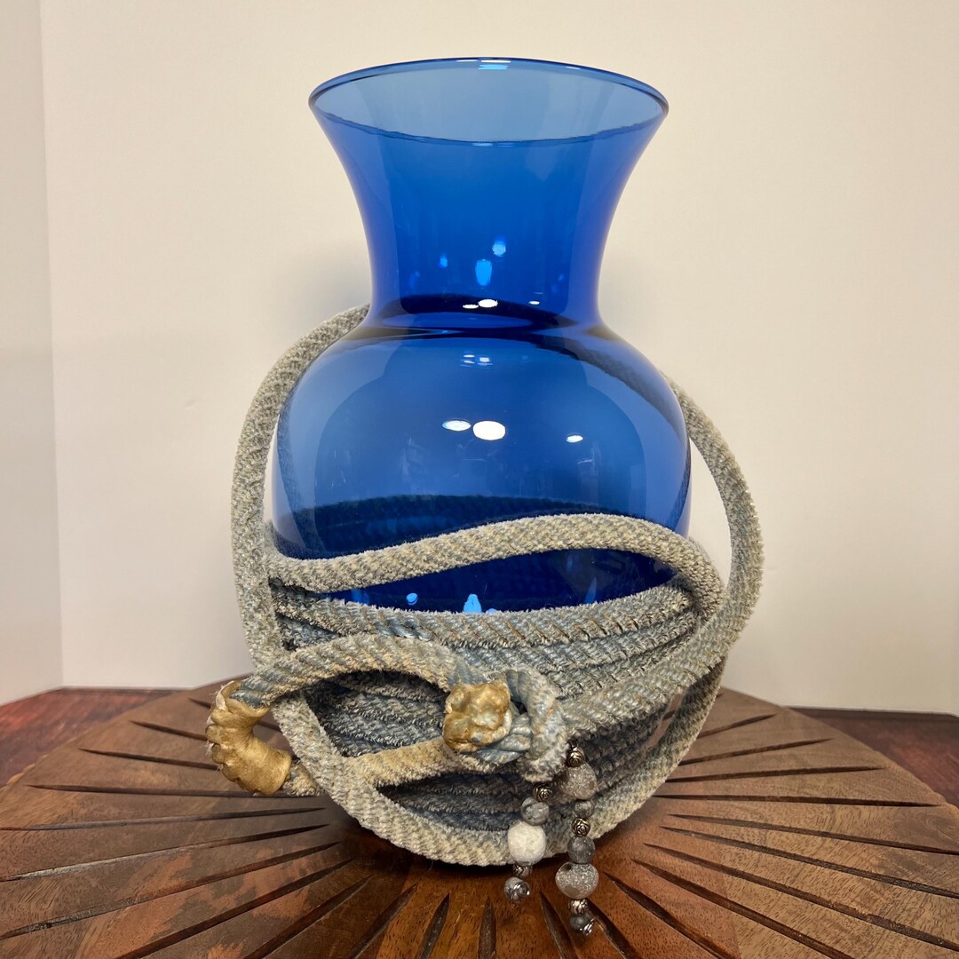 Lariat Rope Wrapped Blue Glass Vase, Lariat Vase, Blue Vase, Spring ...