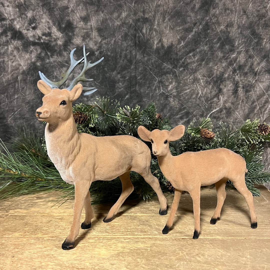 Vintage Flocked Reindeer, Buck and Doe With Plastic Antlers, Pair ...