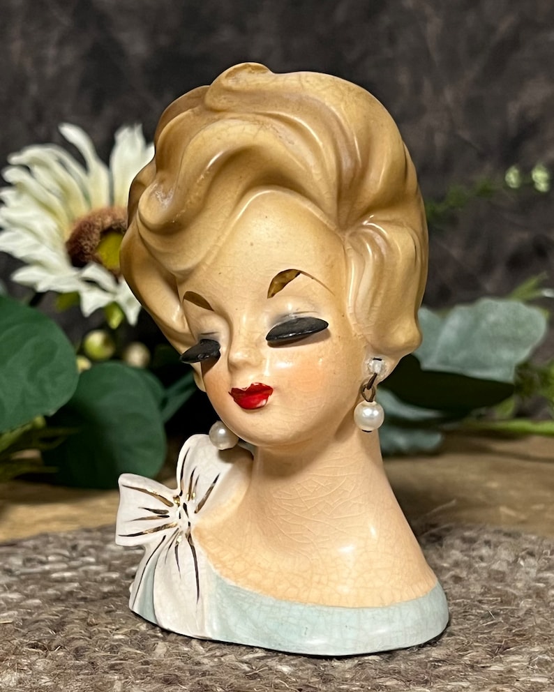 Vintage Lady Head Vase Lady Head With Aqua Dress White Bow - Etsy