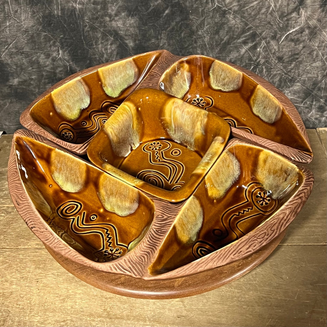 Rare Mccoy Pottery Lazy Susan Serving Set, Drip Glaze Aztec Pattern ...