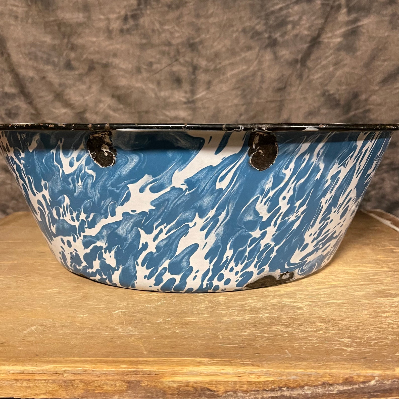 Vintage Enamelware Large Round Dish Pan Blue and White Marble | Etsy