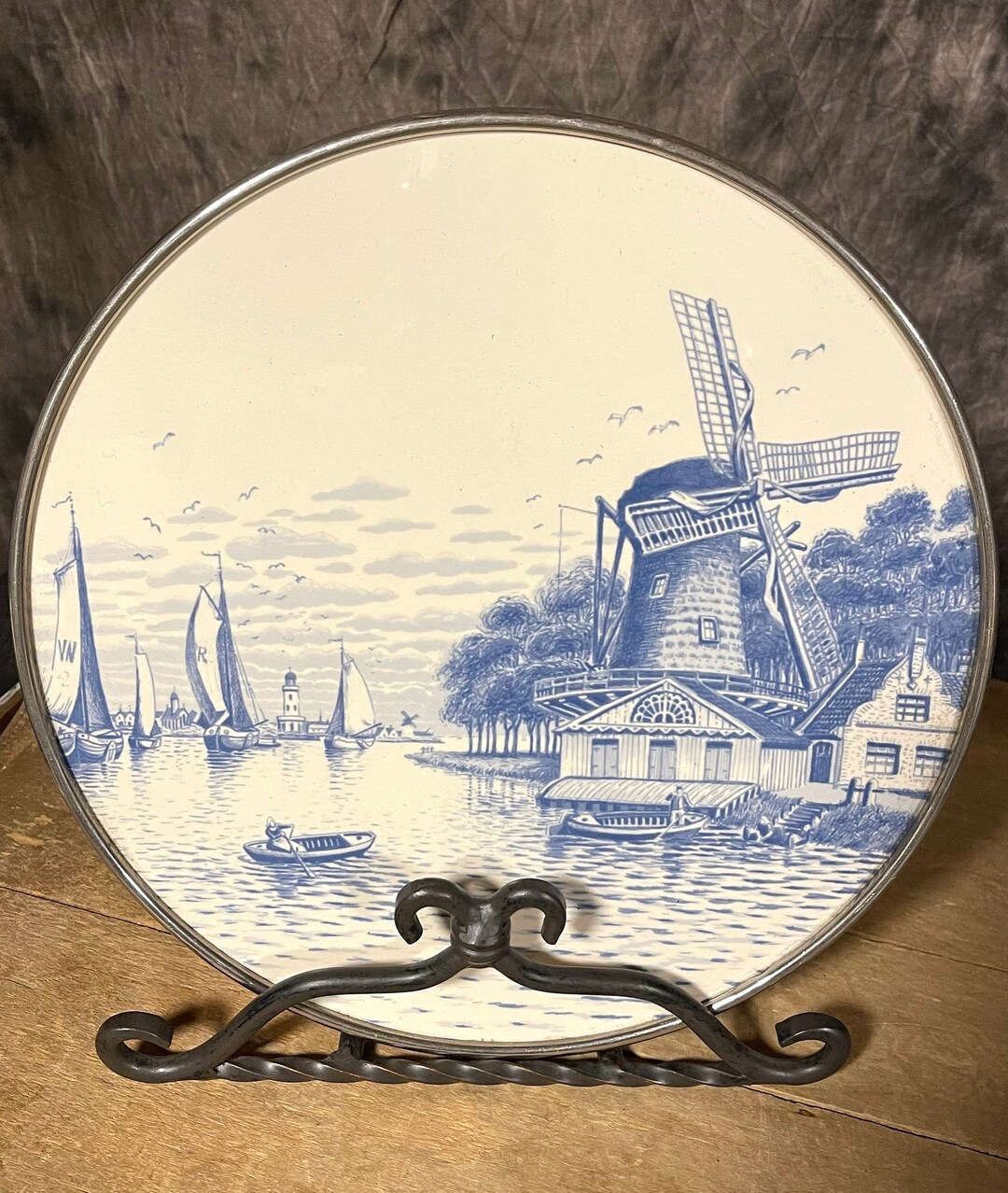 Vintage Blue Delft Round Tray, Footed Blue Delft Tray With Silver Trim ...