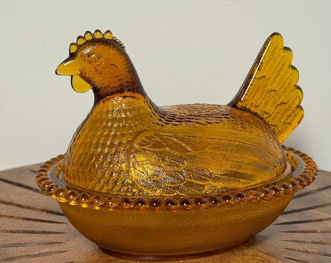 Vintage Indiana Glass Co Amber Hen on Nest, Gold Amber Glass Nesting ...