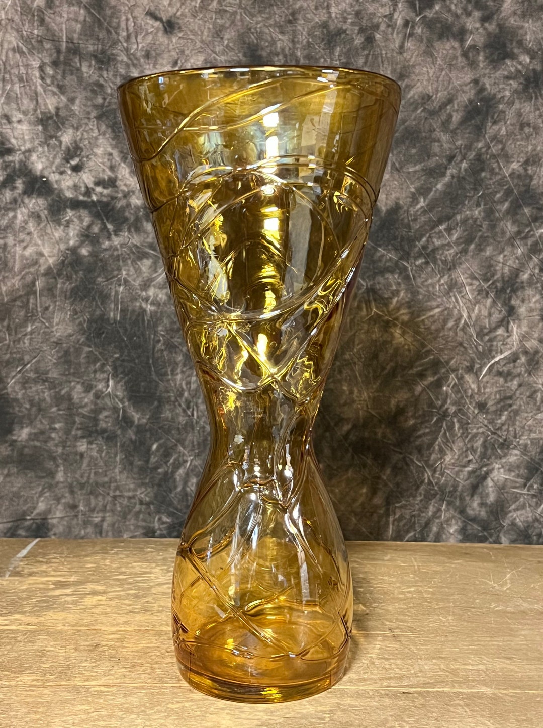 Vintage Amber Art Glass Vase, Spaghetti Glass Vase, Large Hour Glass ...