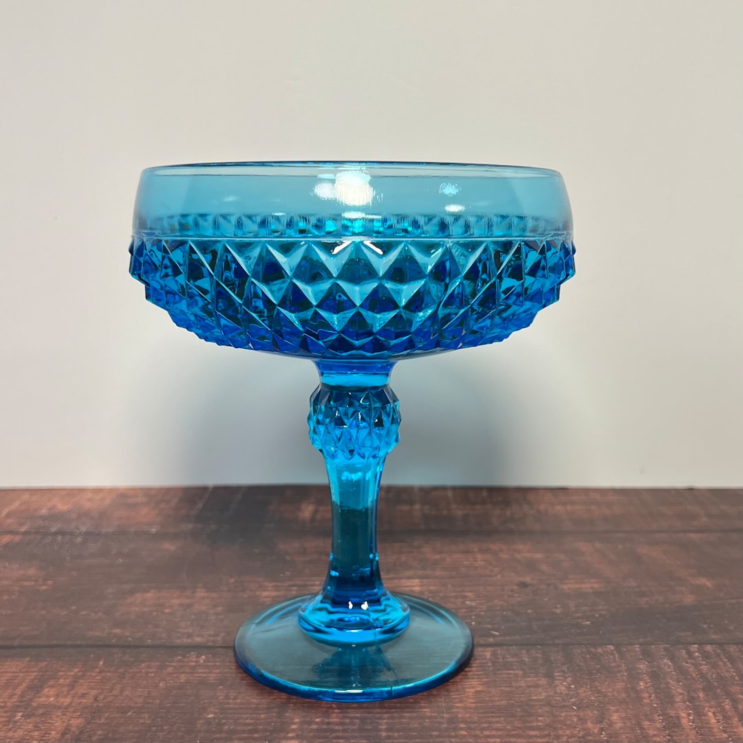 Vintage Indiana Glass Diamond Point Footed Compote, Horizon Blue ...