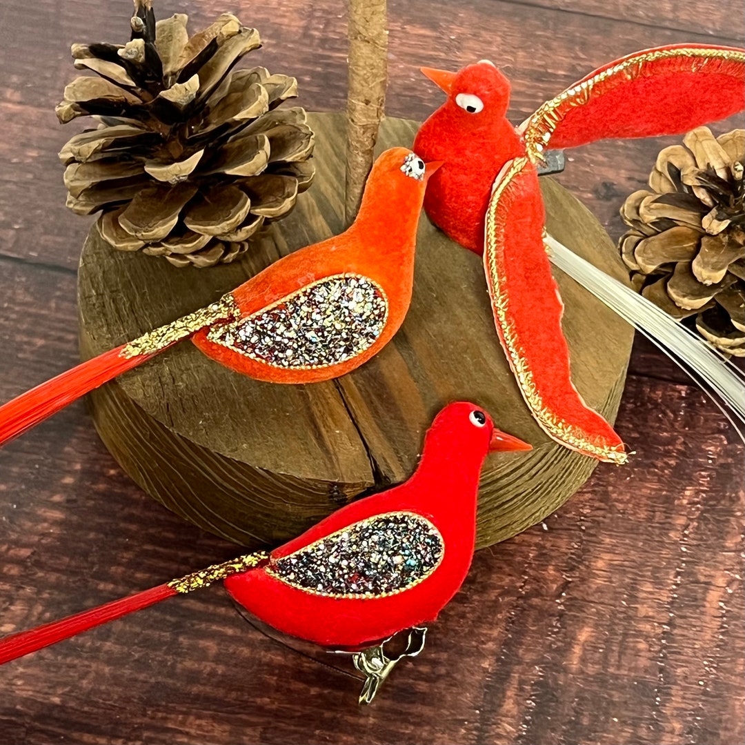 Vintage Red Flocked Bird Ornament, Clip on Bird Ornament With Spun Tain ...