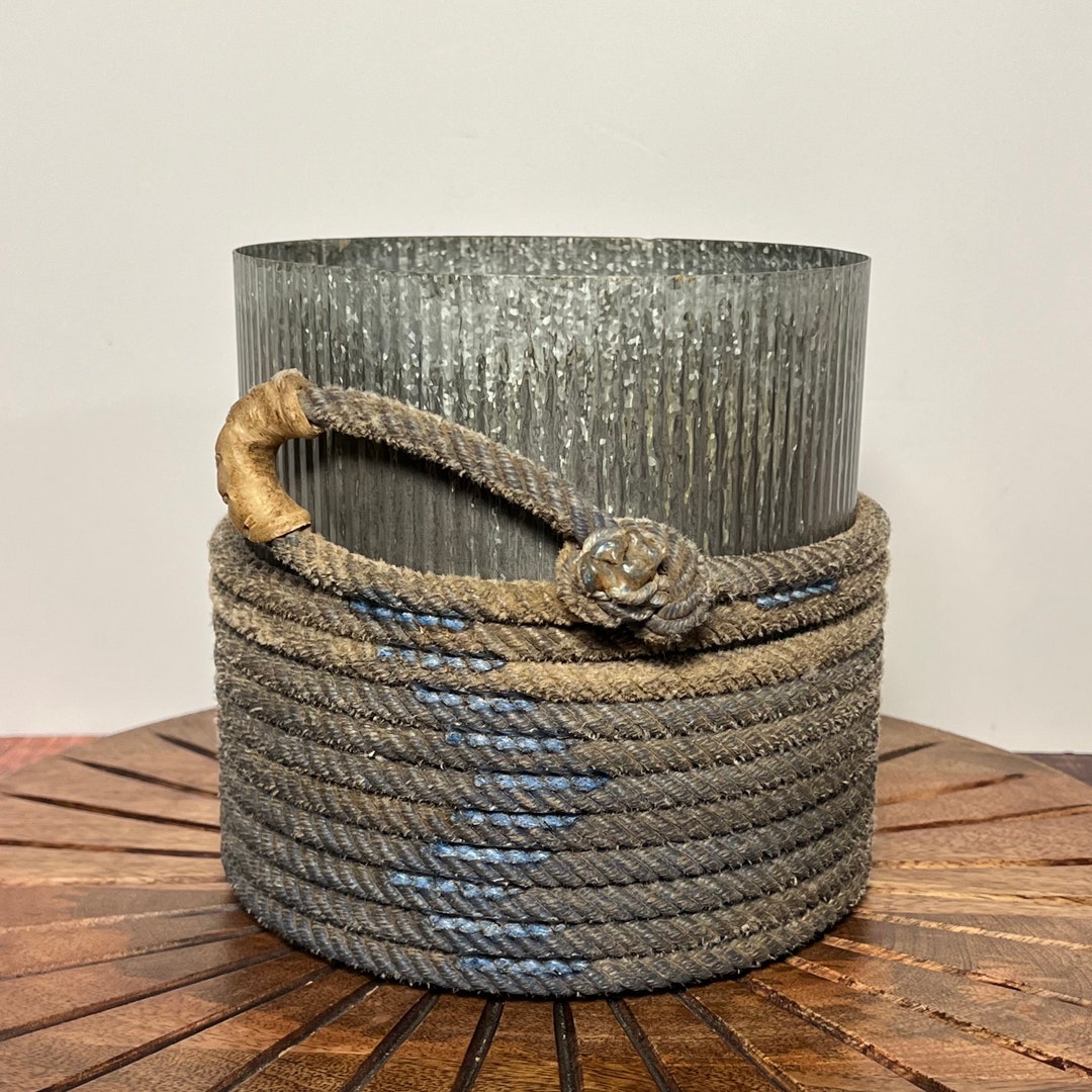 Lariat Wrapped Galvanized Planter Vase, Repurposed Blue Lariat on Metal ...