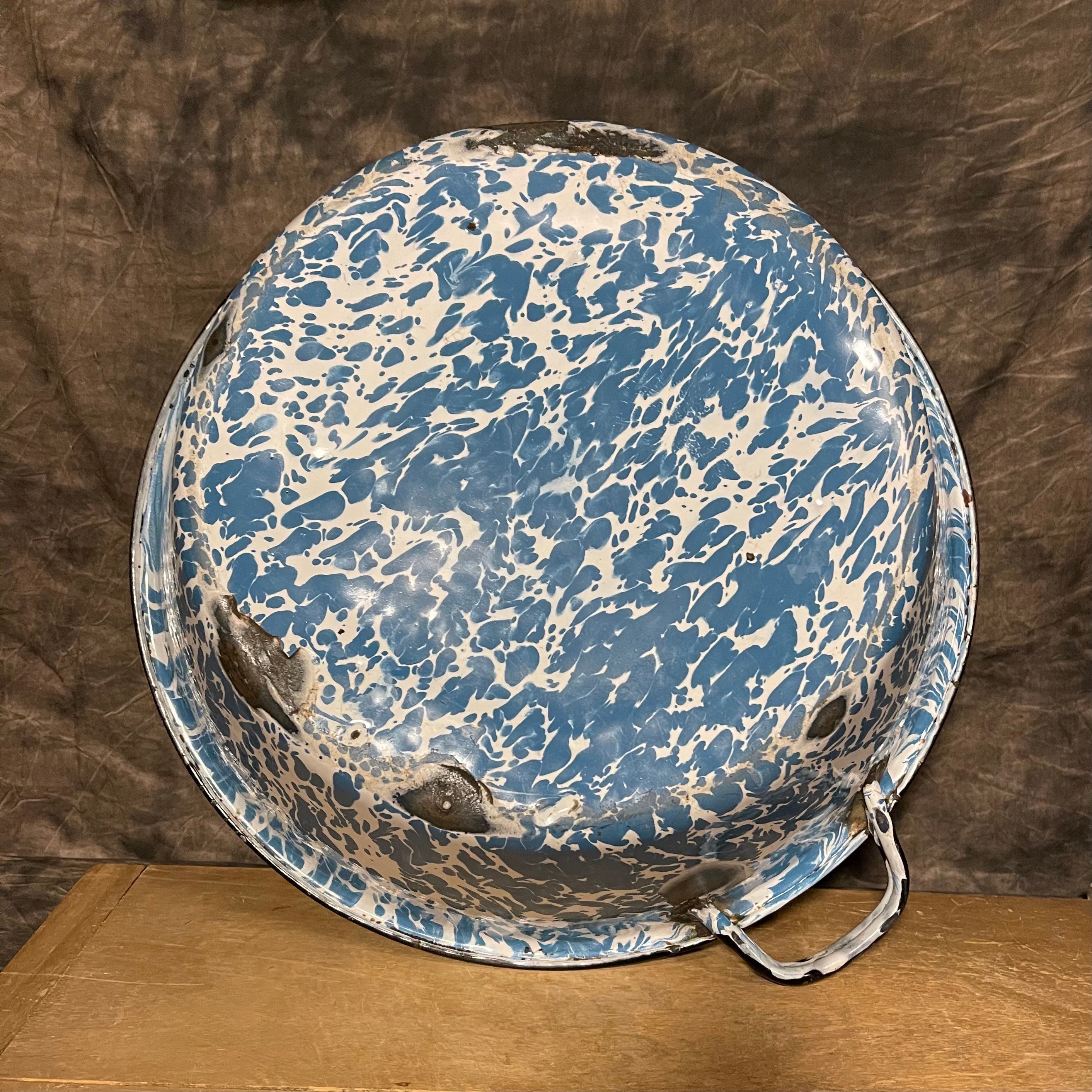 Vintage Enamelware Large Round Dish Pan, Blue and White Marble ...