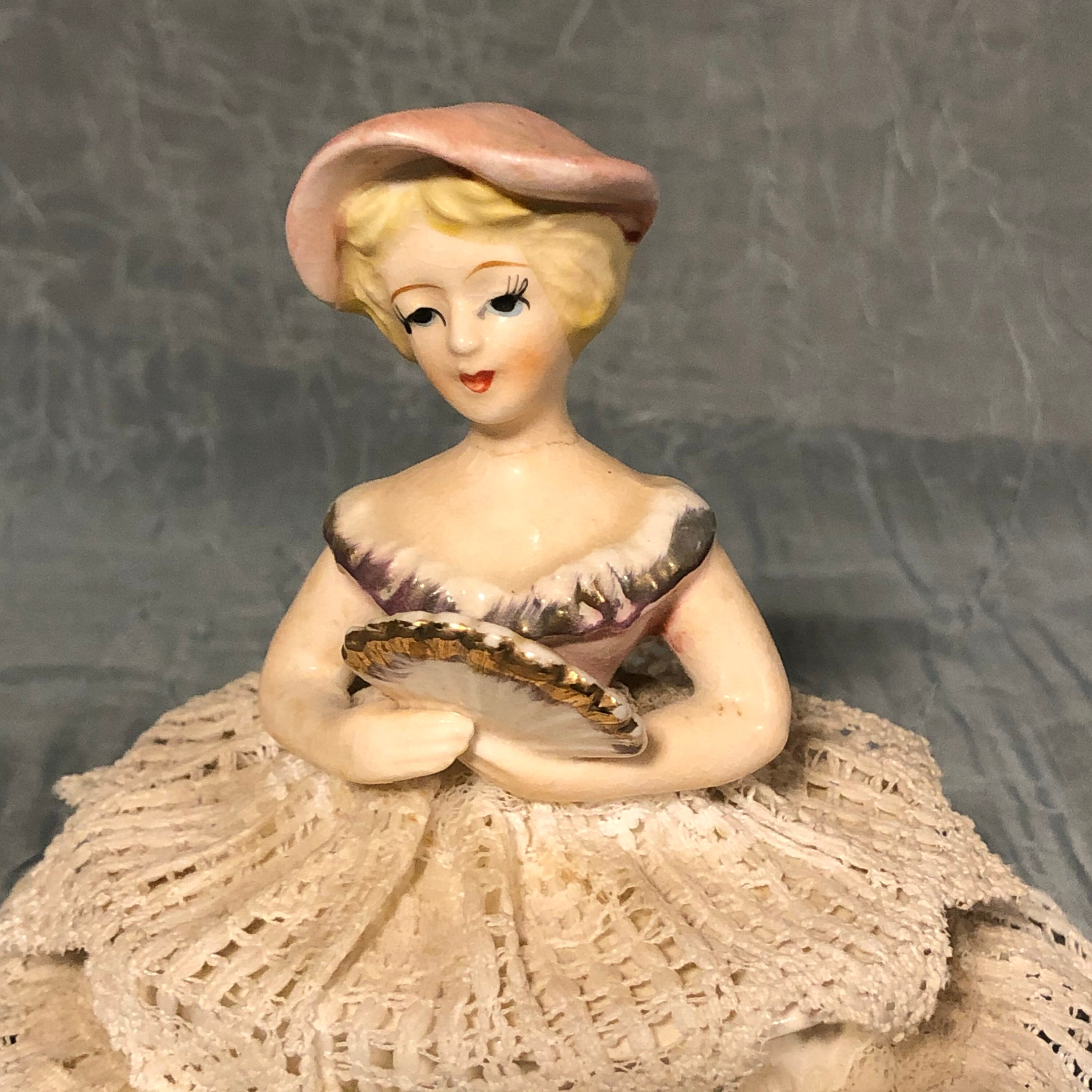 Vintage Porcelain Lady Powder Jar With Fan and Crocheted Skirt | Etsy