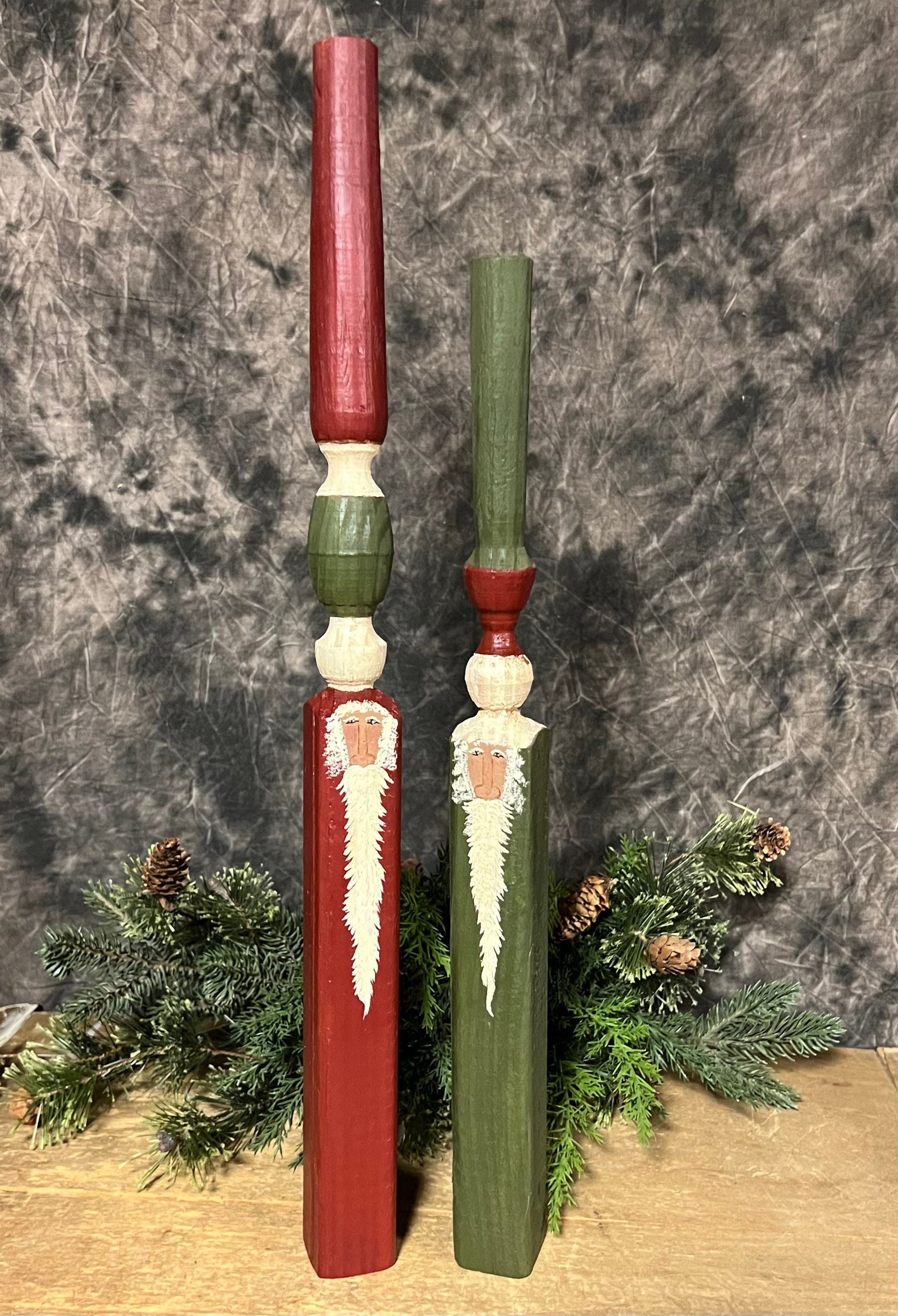 Primitive Spindle Santa Christmas Decor, Set of 2 Wooden Spindle Hand ...