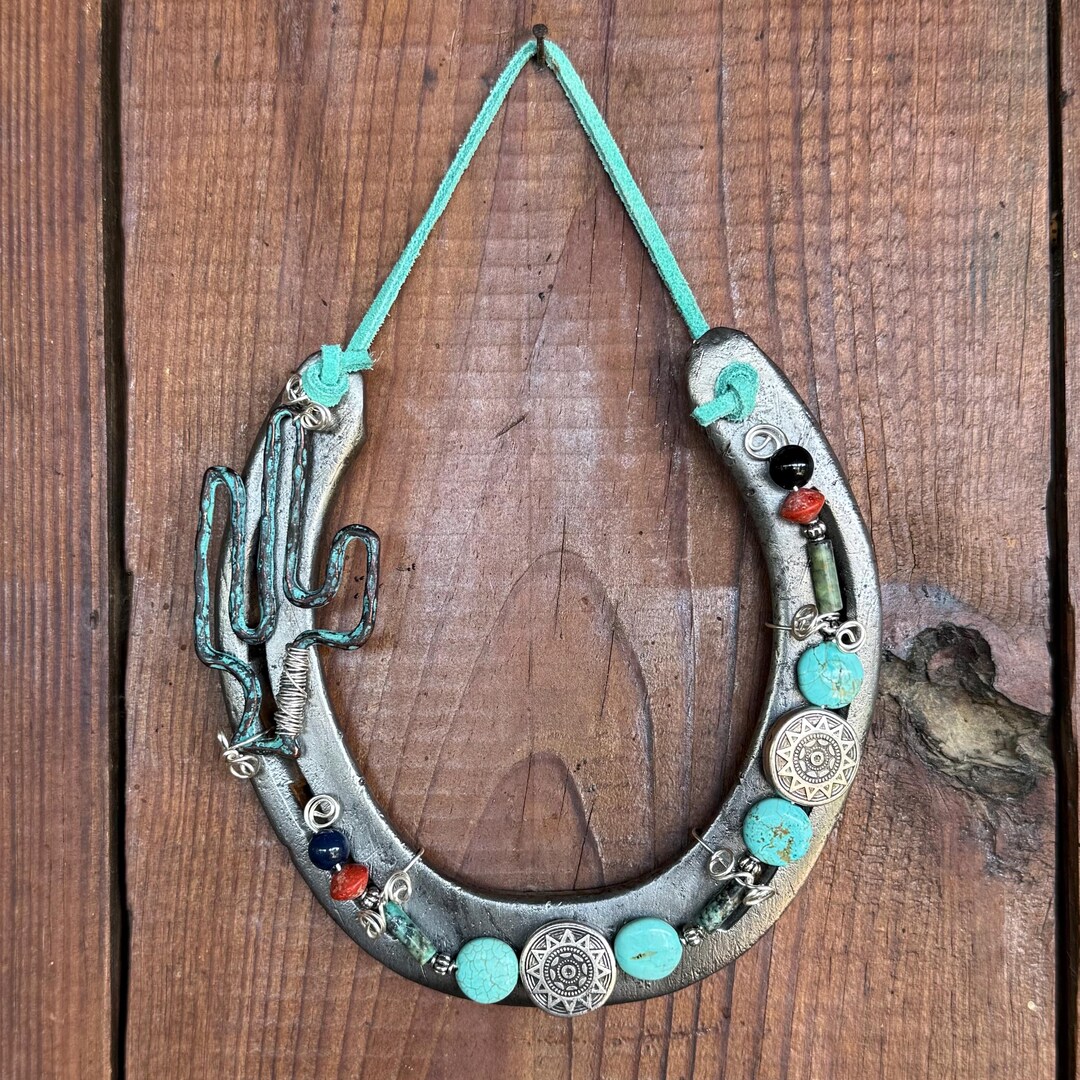Beaded Horseshoe With Metal Cactus, Decorative Horseshoe, Turquoise ...