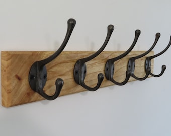 Rustic Wooden Coat Rack With Large Cast Iron Hooks Vintage Handmade ...
