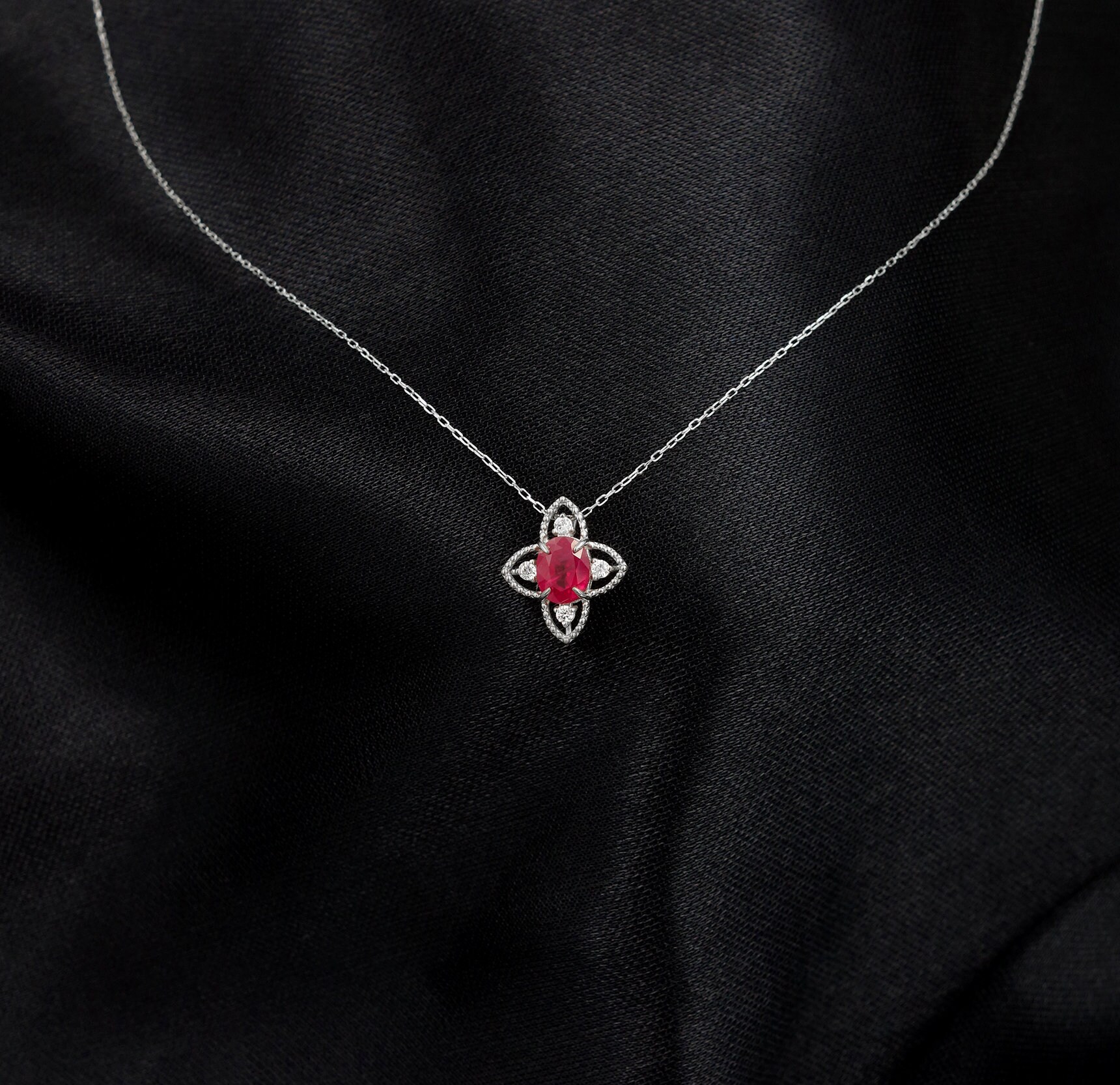 18K Solid Gold Four Point Star Natural Ruby Pendant Necklace With Halo ...