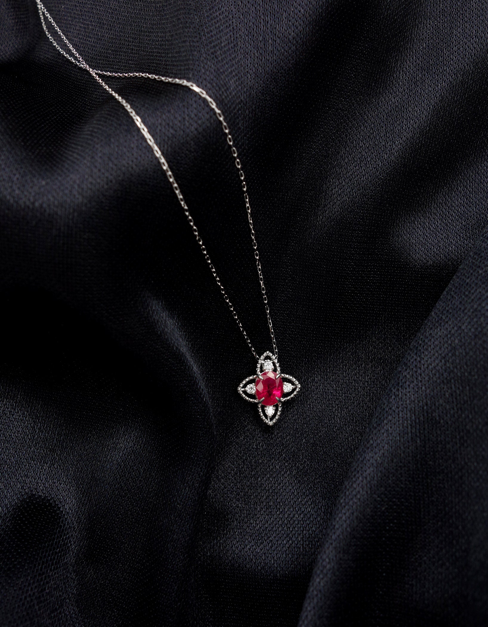 18K Solid Gold Four Point Star Natural Ruby Pendant Necklace With Halo ...