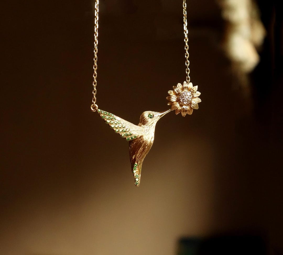 18K Gold Hummingbird Necklace, Sunflower, Tsavorites, Diamond Bird ...