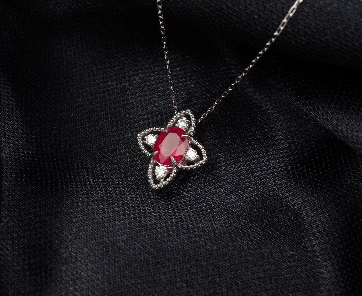 18K Solid Gold Four Point Star Natural Ruby Pendant Necklace With Halo ...