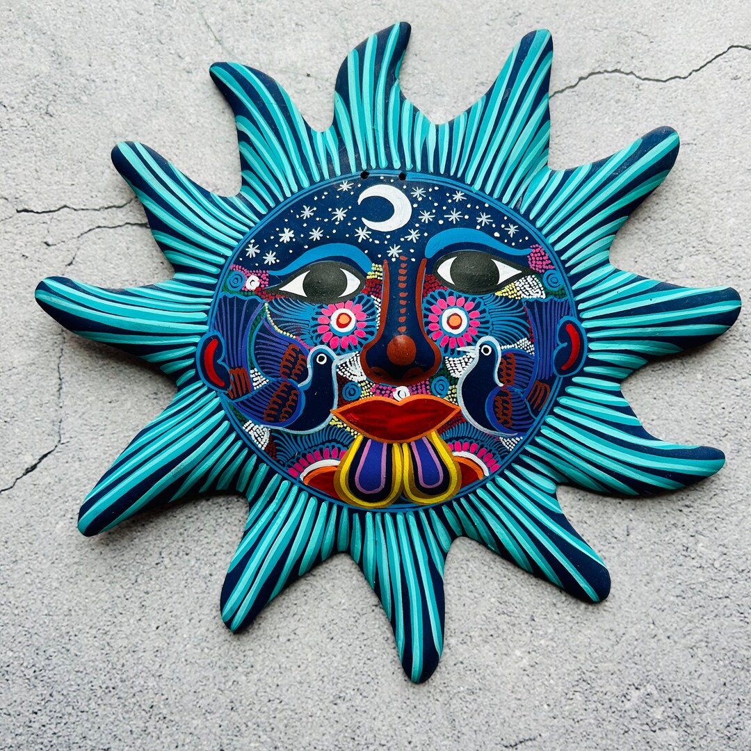 Mexican Folk Art Pottery Blue Painted Sun Face Wall Hanging 9" - Etsy