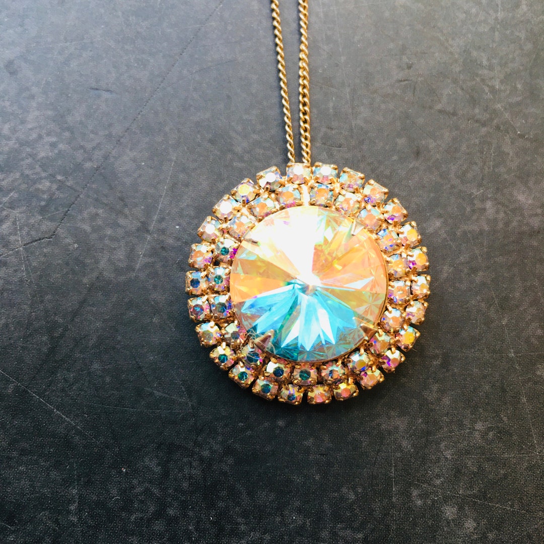 Gold Tone Iridescent Sparkle Shine Clear Round Pendant Necklace - Etsy
