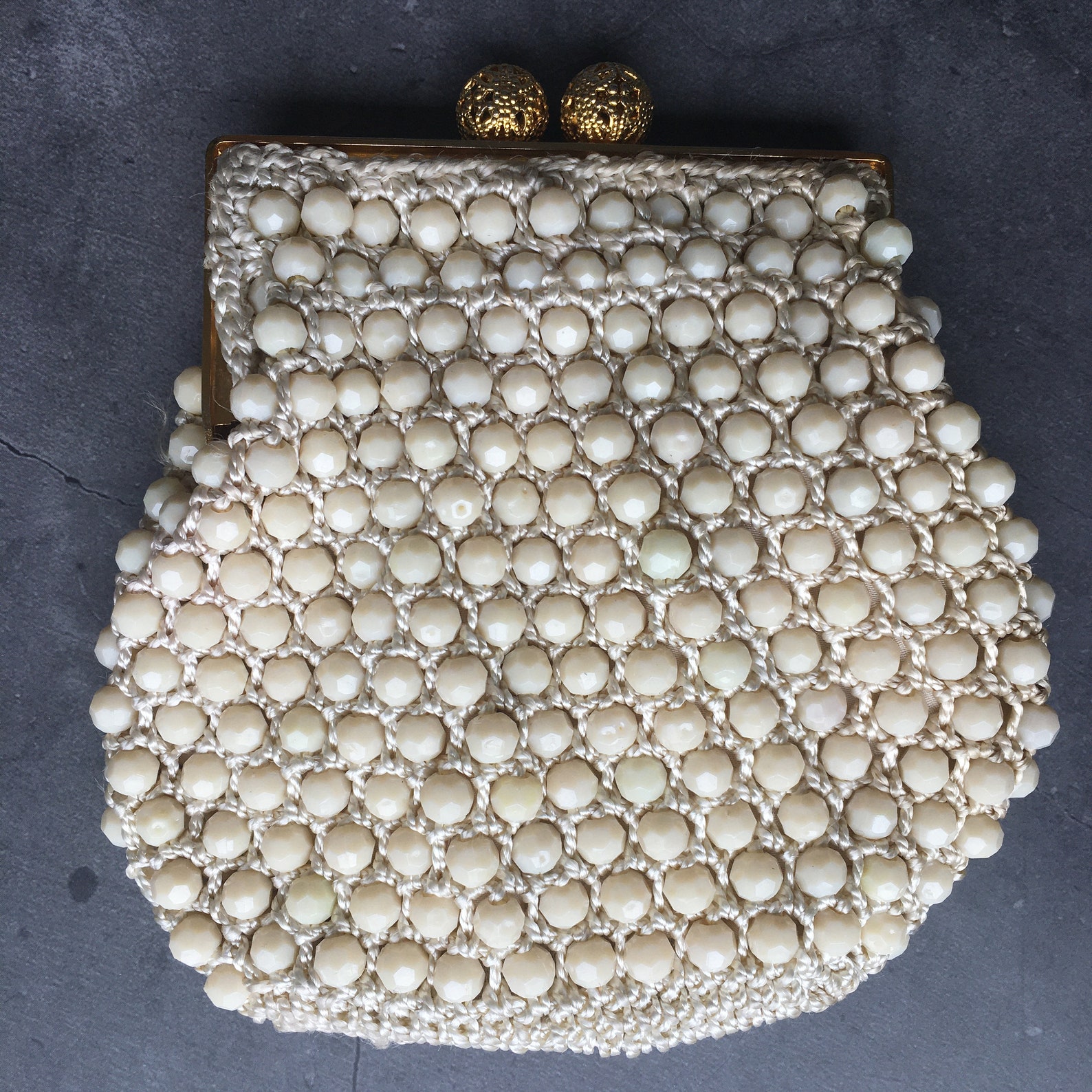 Vintage JEM Hand Made Purse Clutch Cream Beads Satin Lined Bag Gold ...