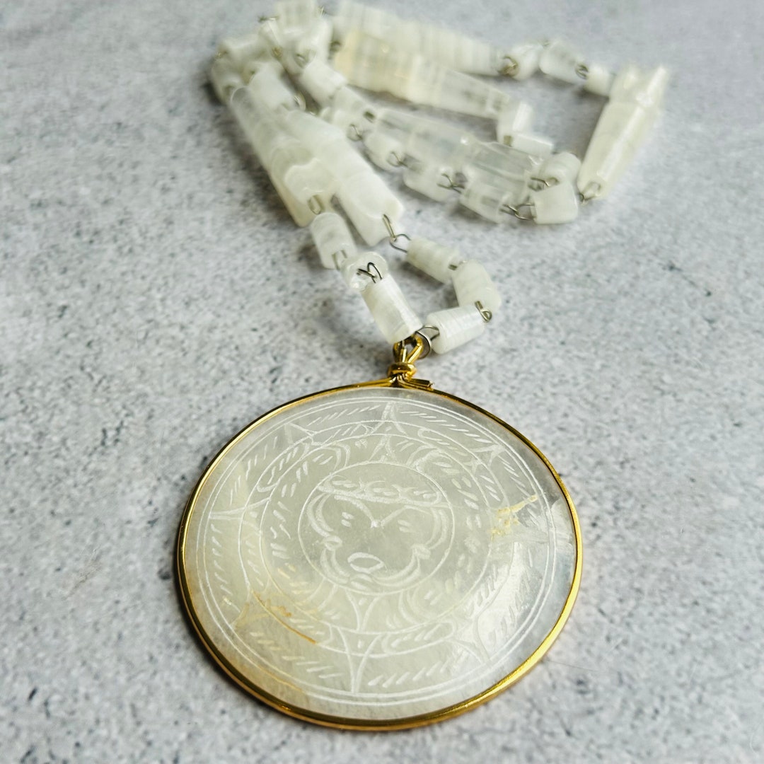White Glass Mayan Calendar Medallion Pendant Carved Stone Beaded ...