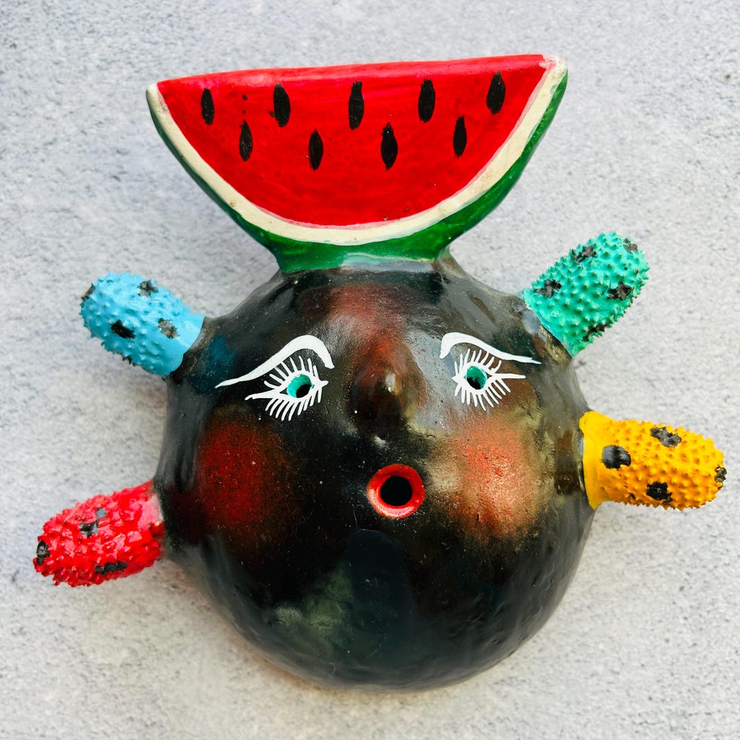 Mexican Folk Art Hand Painted Coconut Shell Watermelon Mask Hanging ...
