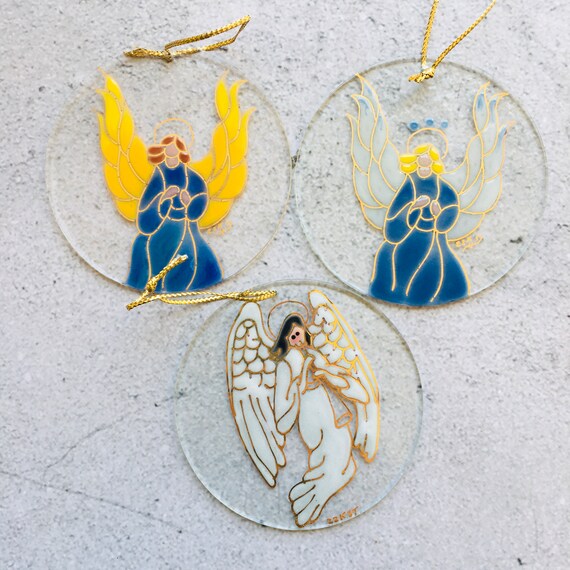 22k Gold Hand Painted Round Flat Glass Angel Ornament Lot of 3 - Etsy