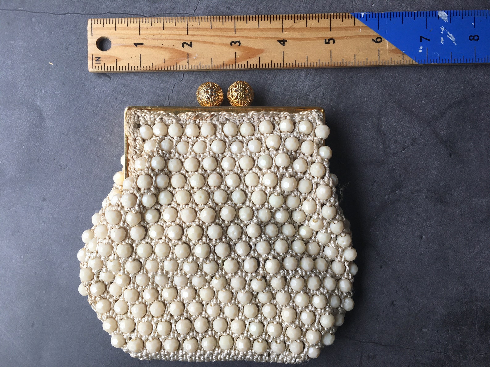 Vintage JEM Hand Made Purse Clutch Cream Beads Satin Lined Bag Gold ...