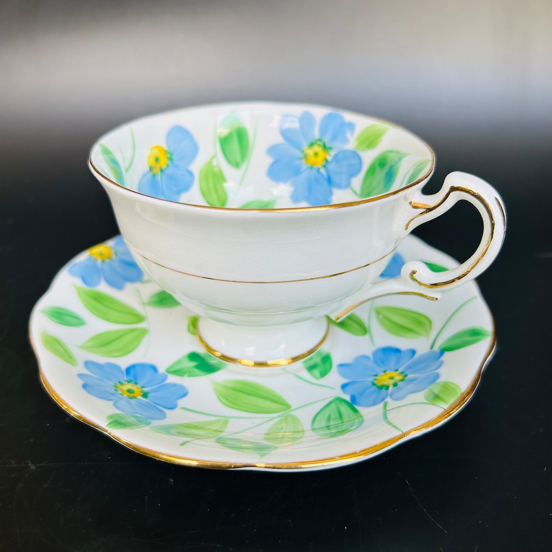Blue Daisies Bone China Pink Floral Teacup and Saucer Made in England ...