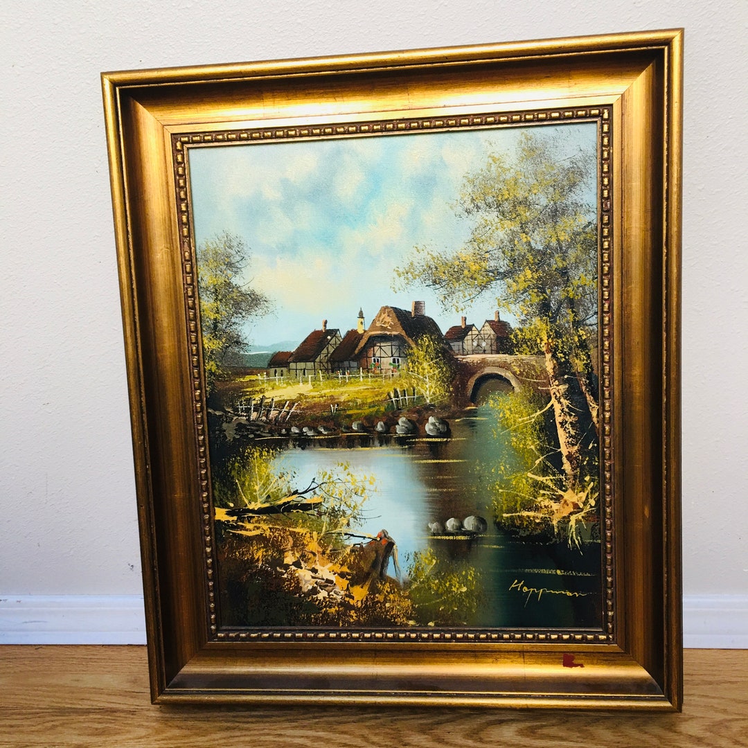 German Village and Bridge Framed Oil Painting on Canvas Numbered Signed ...
