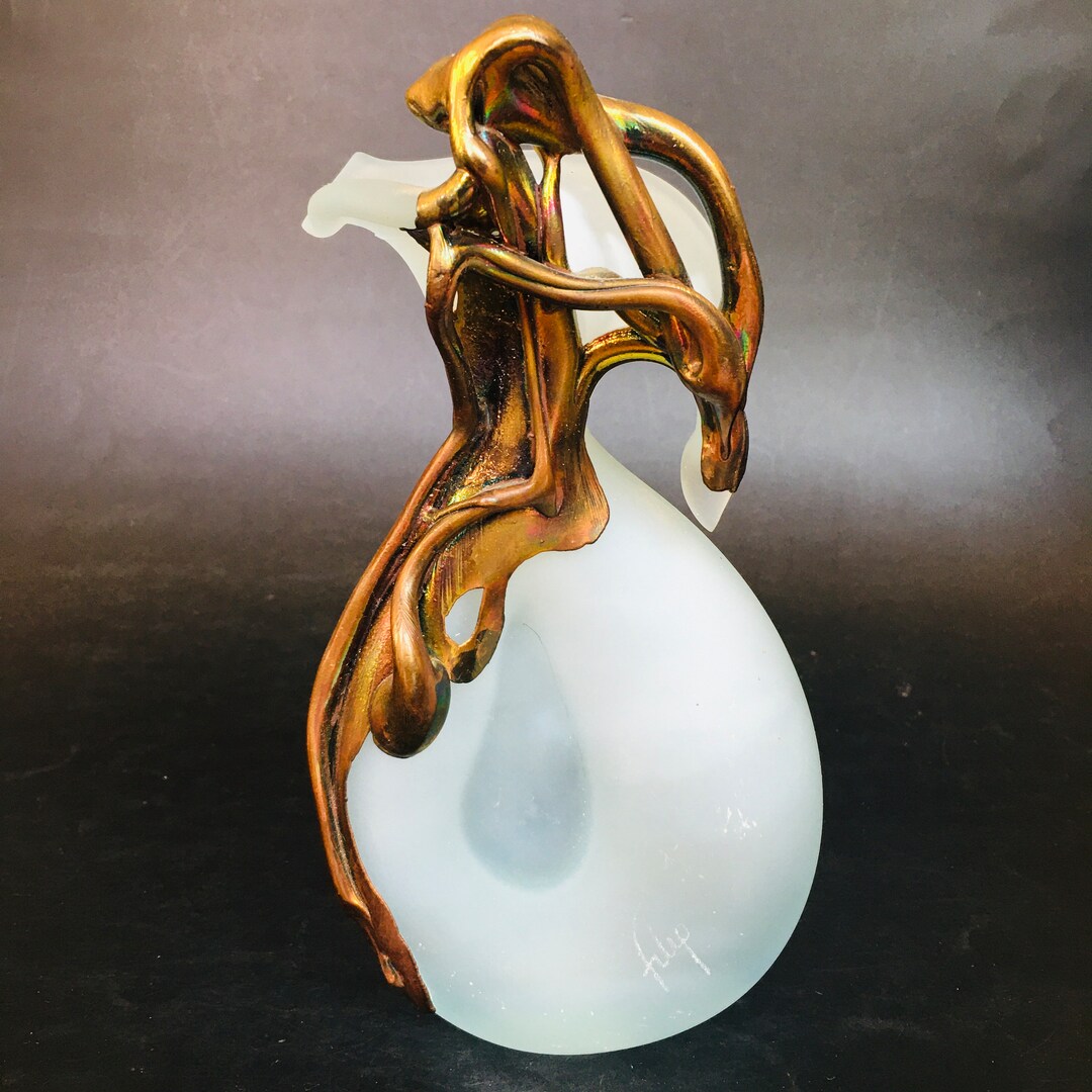 Filip Ravert Copper Overlay White Blue Satin Art Glass Flower Vase ...