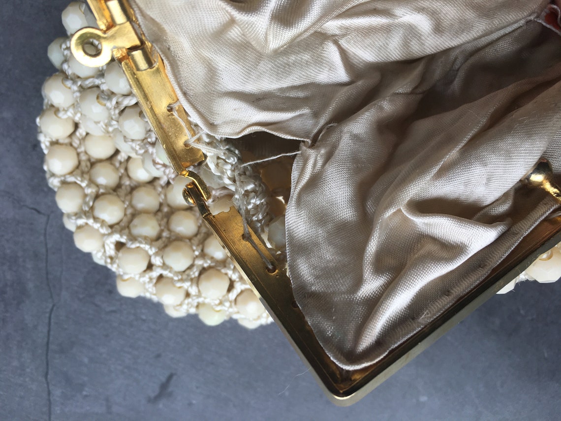 Vintage JEM Hand Made Purse Clutch Cream Beads Satin Lined Bag Gold ...