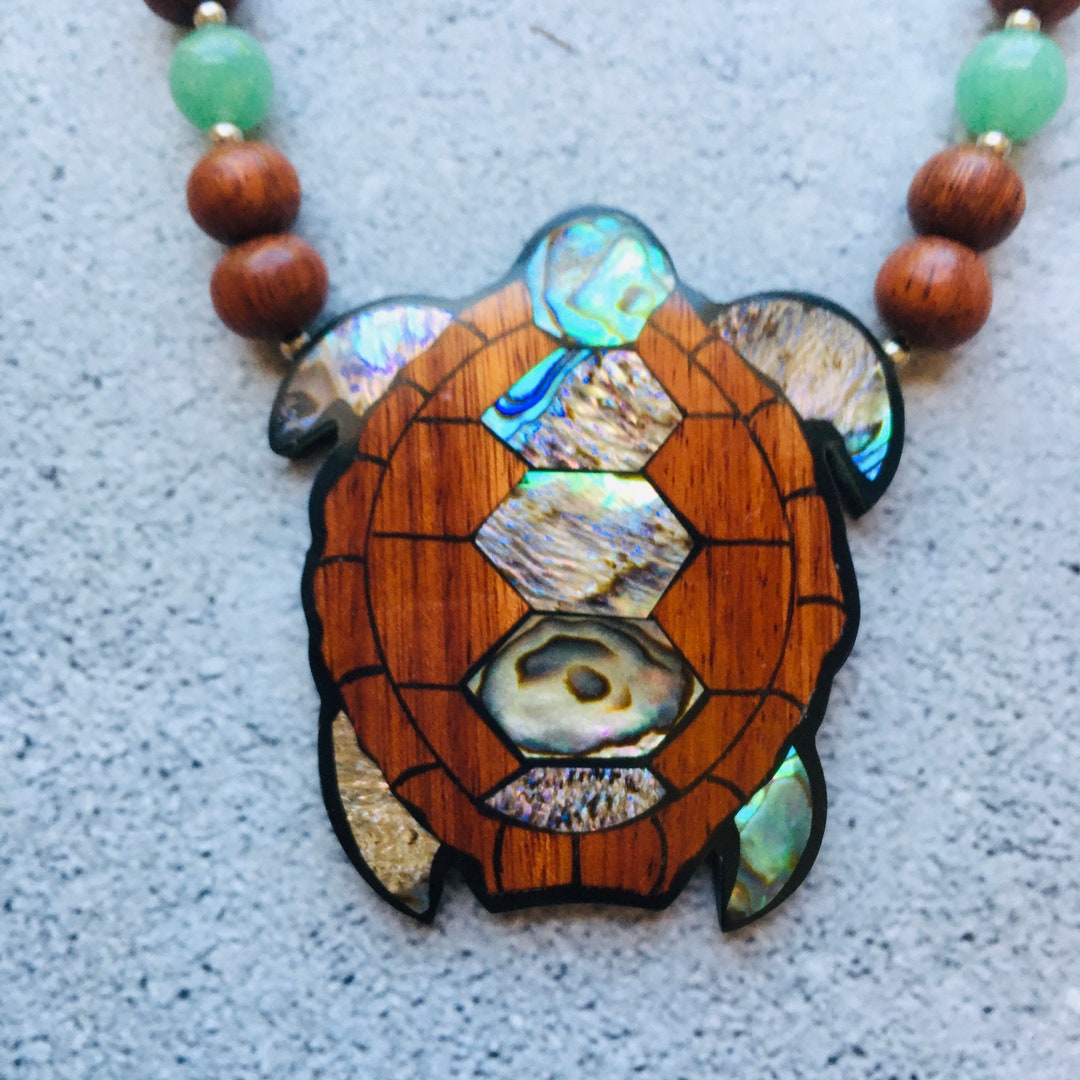 Lee Sands Sea Turtle Abalone Inlay Pendant Wood and Jade Beaded ...