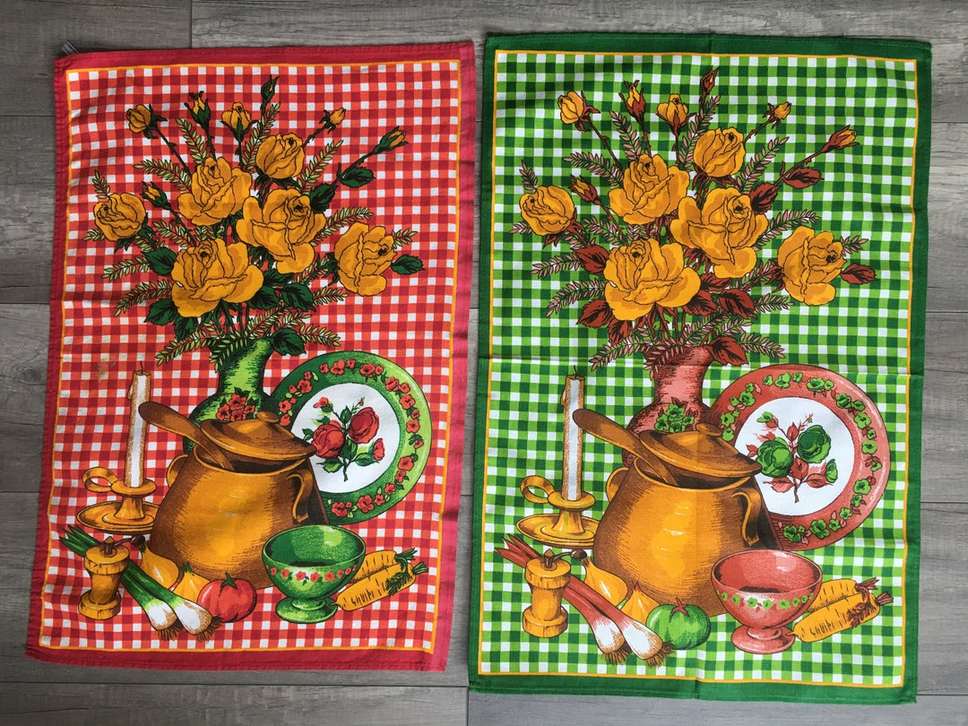 Set of 2 Retro Kitchen Tea Towels Red Green Check Floral 100% Cotton - Etsy