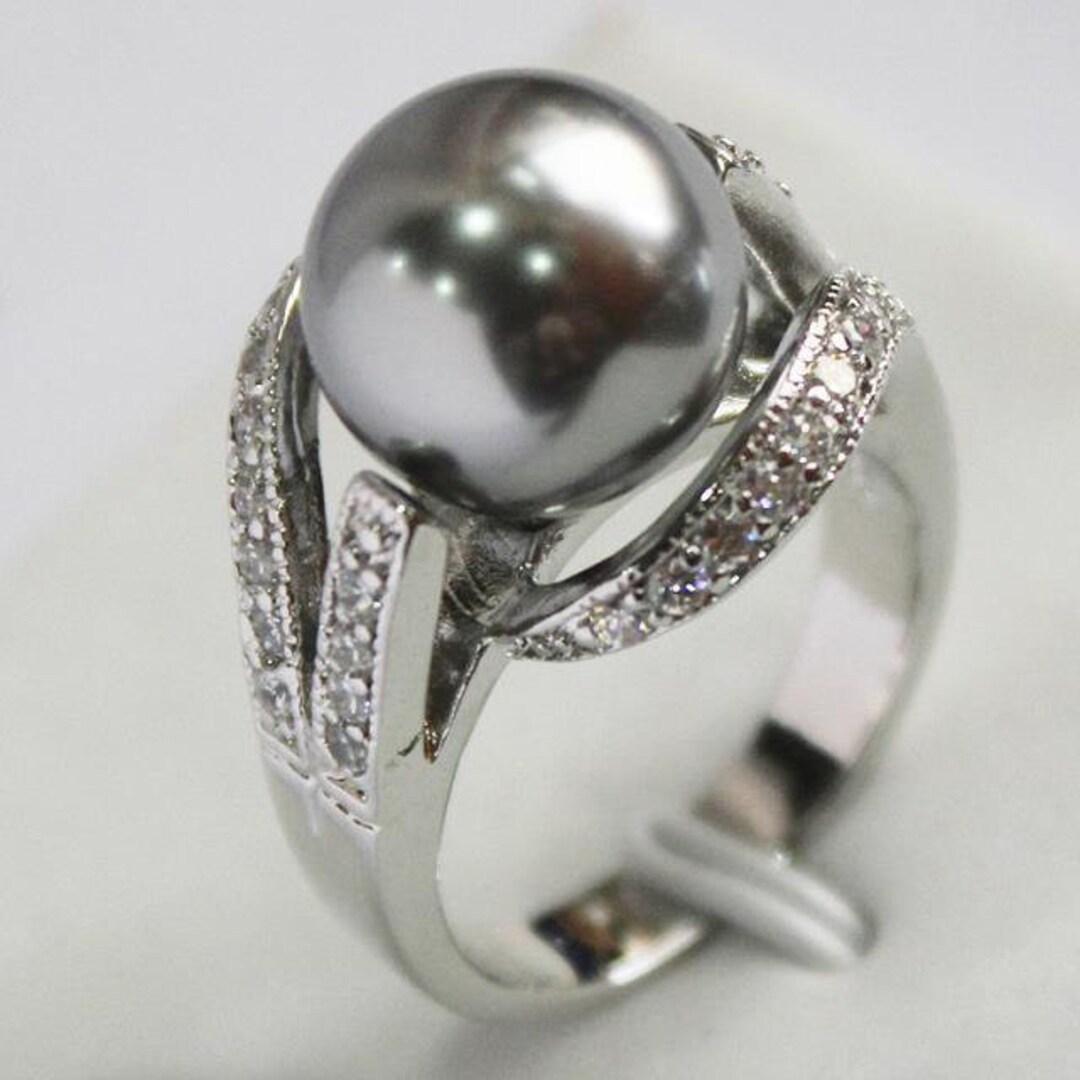 12mm Gray Shell Pearl Ring Sizes 7,8,9 Silver Plated With Crystal Decor ...