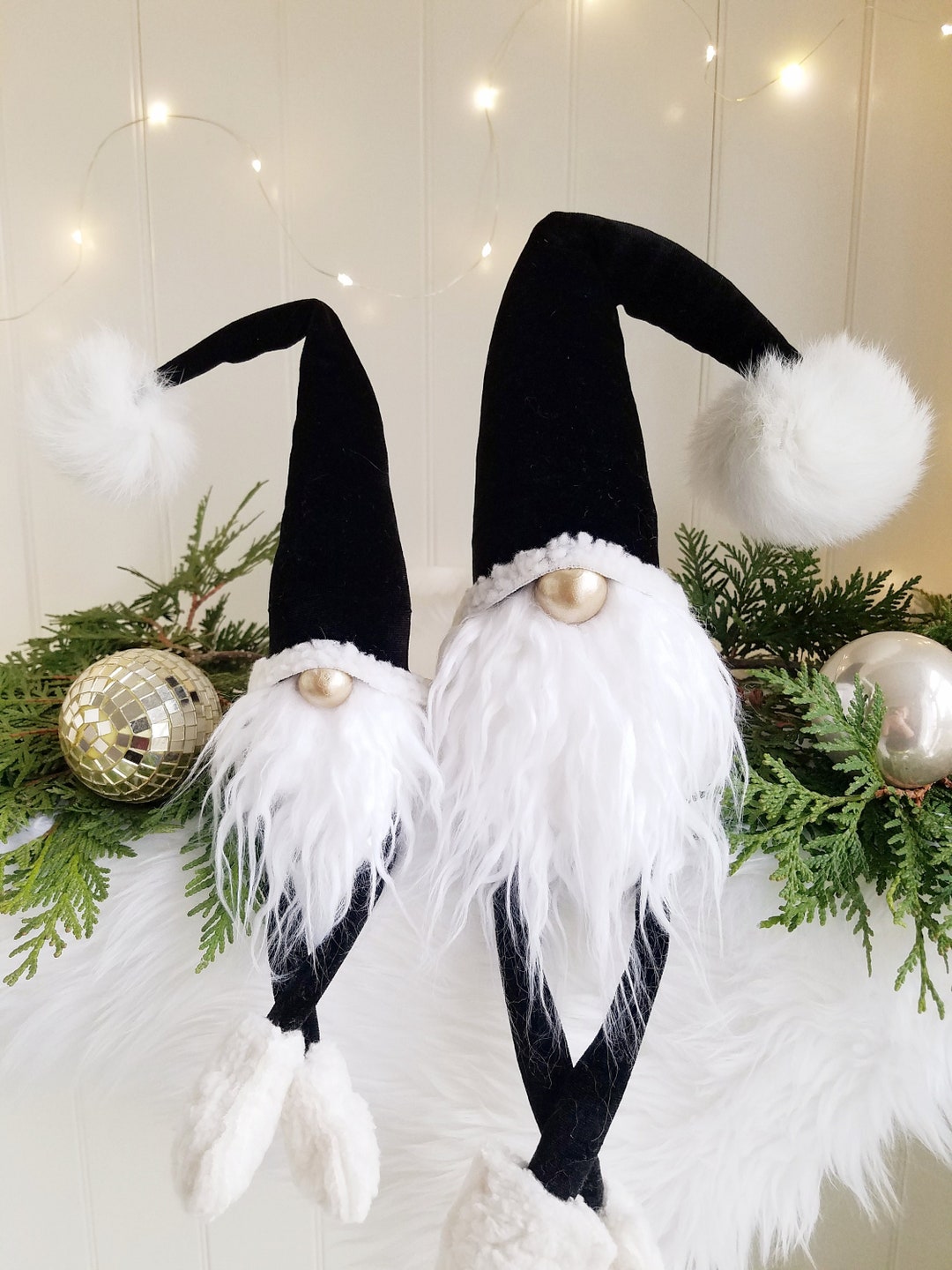 Black Velvet Santa Inspired Gnome Set With White Fur Pom Poms Black ...