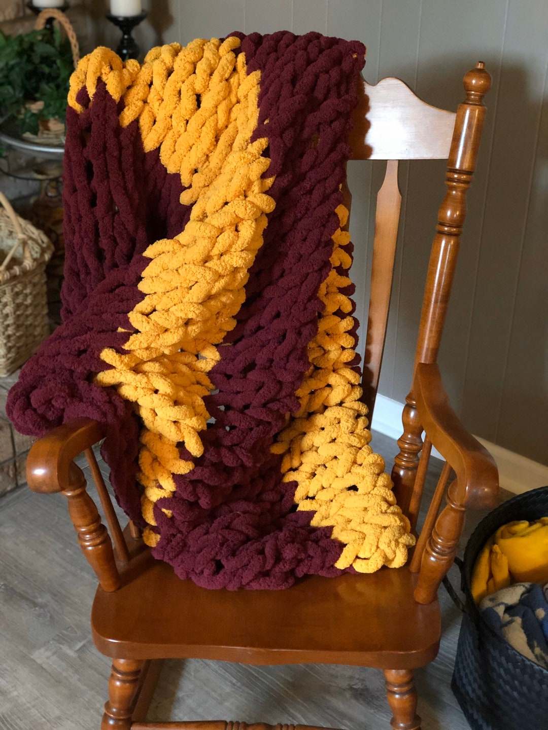 Maroon and Gold - Chunky Blankets Handmade Knitted Blanket, Heavy ...