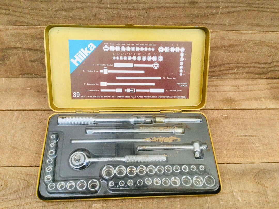 Vintage HILKA 39 Pc 1/4” Drive Socket Set - AF / Metric / BA - Tin Case ...