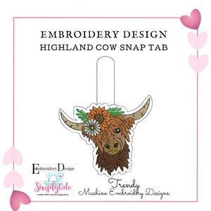 Highland Cow Embroidery Designs, ITH Snap Tab Keychain Highland Cow ...