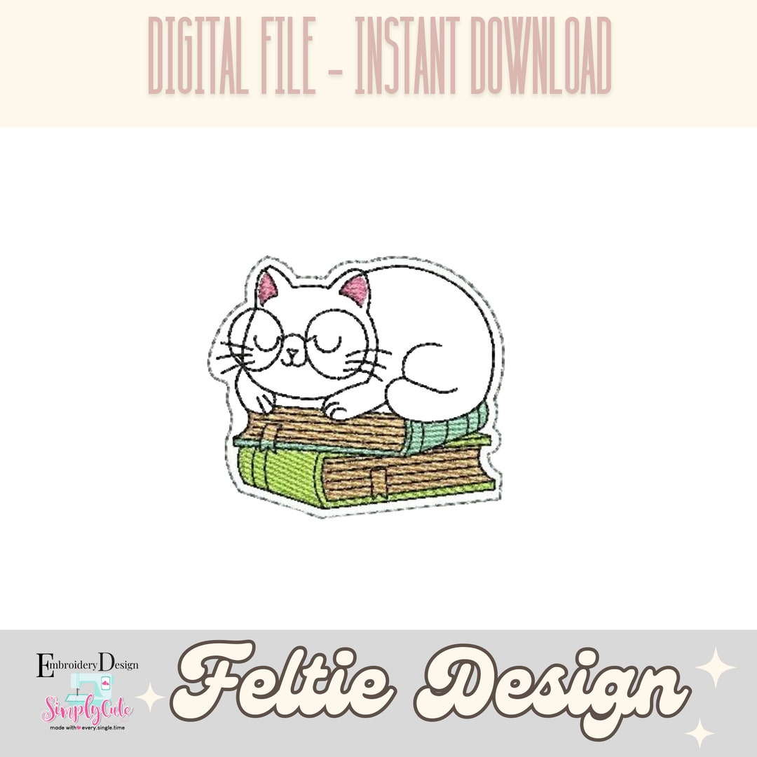 Cat With Book Feltie Embroidery Design, Book Lover Felties File, ITH ...