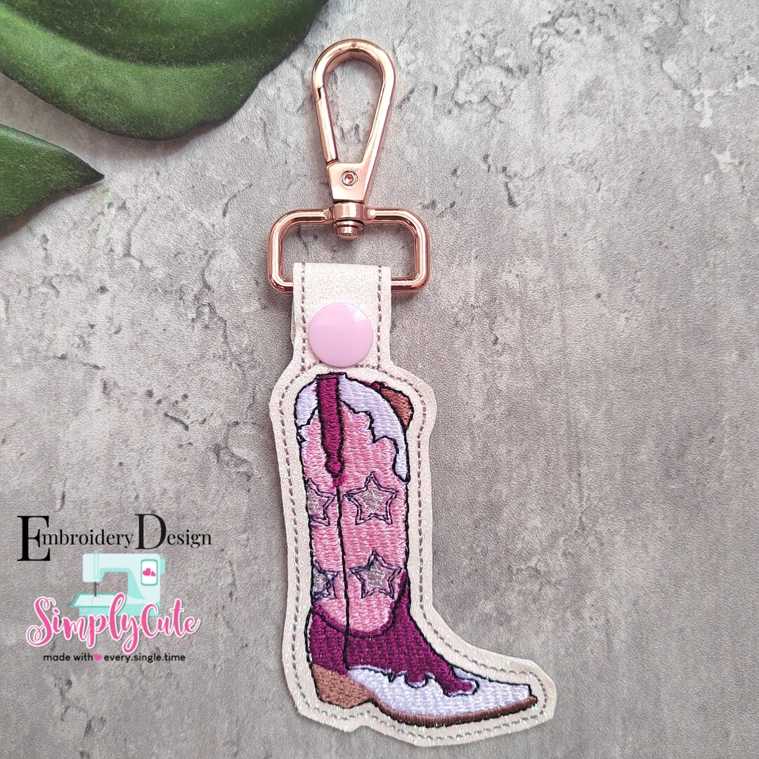 Western Retro Boot Embroidery Designs, ITH Snap Tab Keychain Cowgirl ...