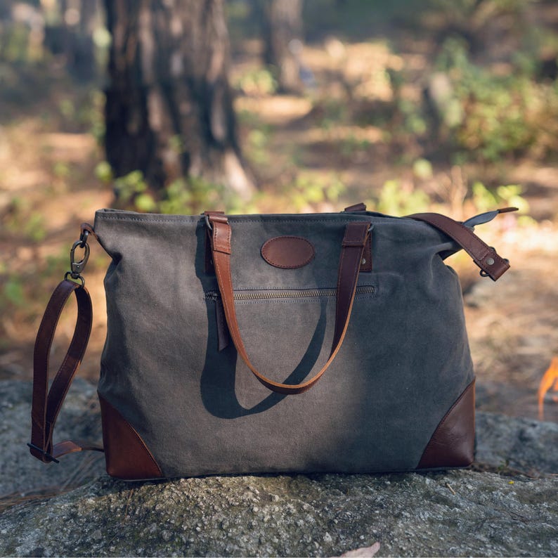 Personalized Waxed Canvas Weekender Bag: Leather Accents Travel Duffle ...
