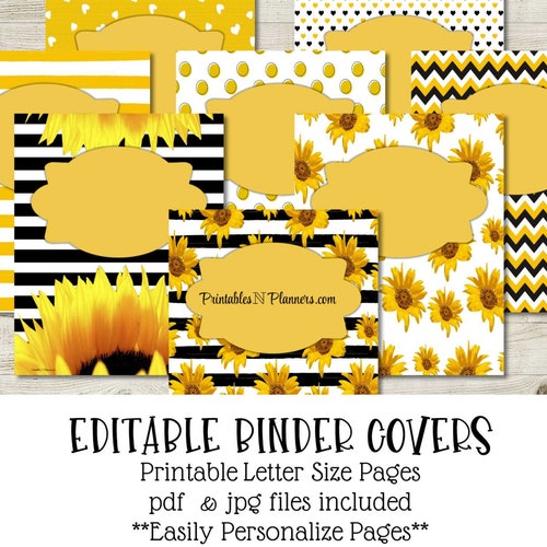 Black and White Sunflower Printable Binder Covers Editable - Etsy