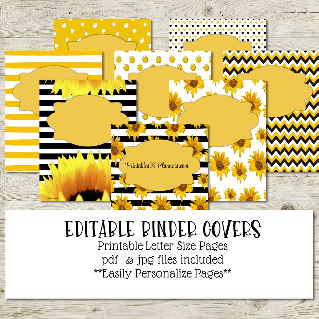 Black and White Sunflower Printable Binder Covers, Editable, Instant ...