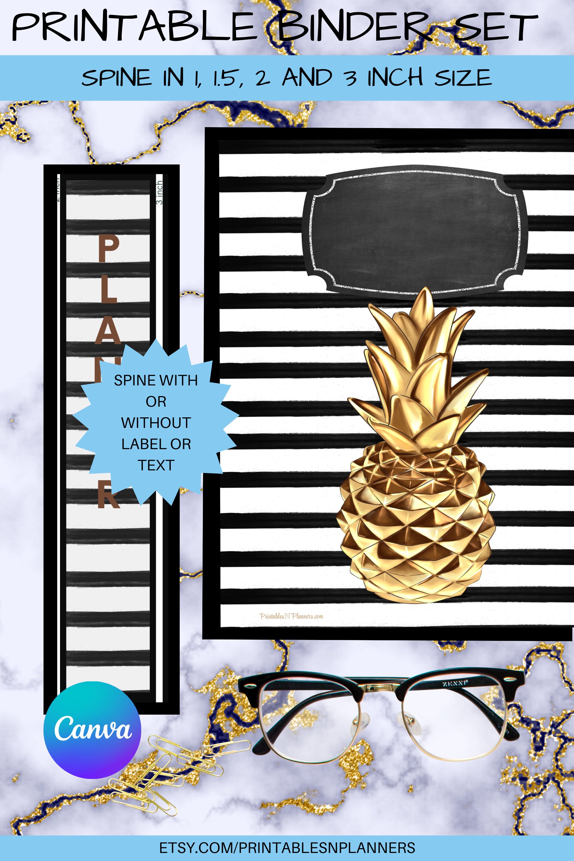 Black and White Gold Pineapple Printable Binder Cover Set, Cover Spine ...