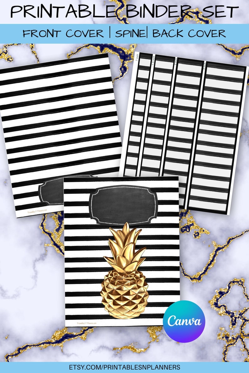Black and White Gold Pineapple Printable Binder Cover Set, Cover Spine ...