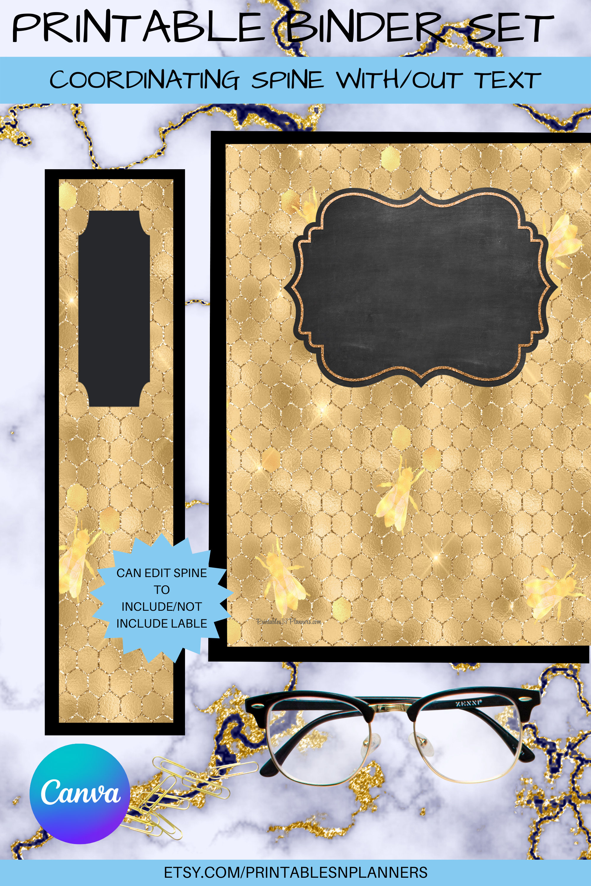 Glamorous Gold Honey Bee Printable Binder Cover Set Binder Cover Spine ...